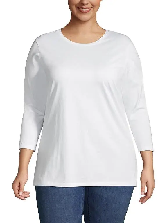 LANDS' END Cotton Supima Tunic With 3/4 Sleeves - White