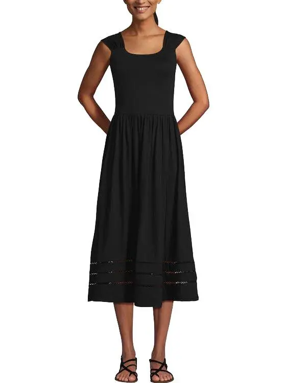 LANDS' END Slub Cap-sleeve Shirred Skirt Midi Dress - Black