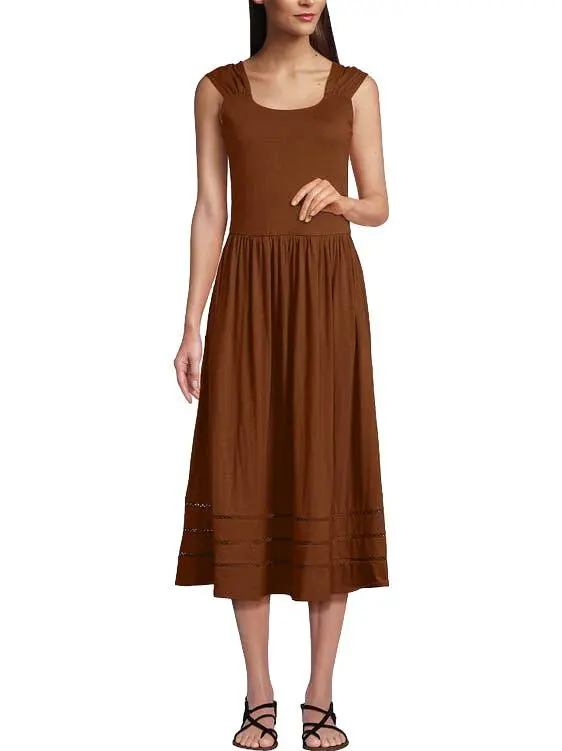 LANDS' END Slub Cap-sleeve Shirred Skirt Midi Dress - Rich Ginger Brown