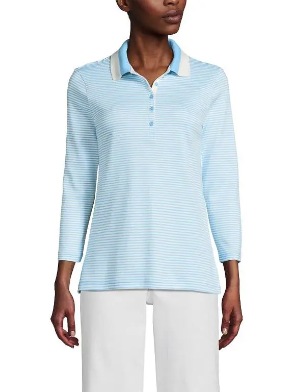 LANDS' END 3/4 Sleeve Supima Cotton Polo Shirt - Bermuda Micro Stripe Tipped