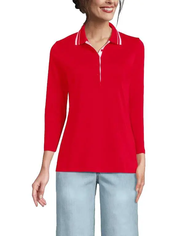 LANDS' END 3/4 Sleeve Supima Cotton Polo Shirt - Compass Red/white