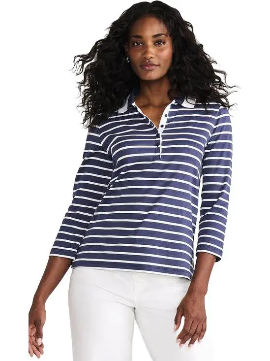 LANDS' END 3/4 Sleeve Supima Cotton Polo Shirt - Deep Sea Breton Stripe Tipped