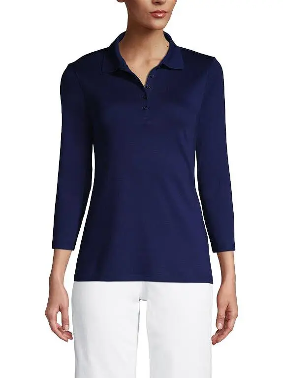 LANDS' END 3/4 Sleeve Supima Cotton Polo Shirt - Deep Sea Navy