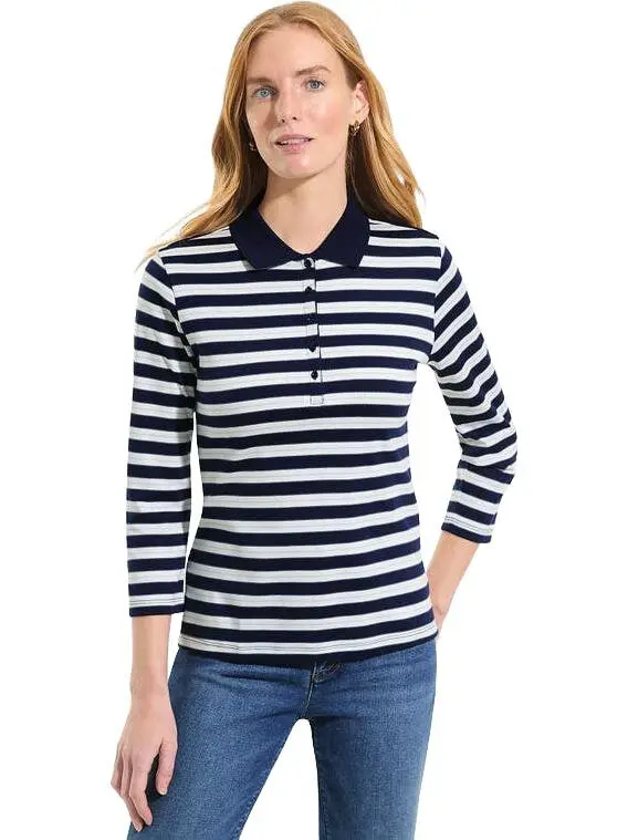 LANDS' END 3/4 Sleeve Supima Cotton Polo Shirt - Deep Sea/blue Multi Stripe