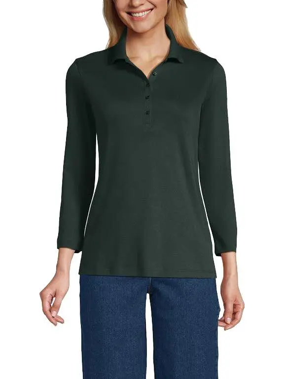 LANDS' END 3/4 Sleeve Supima Cotton Polo Shirt - Evening Forest