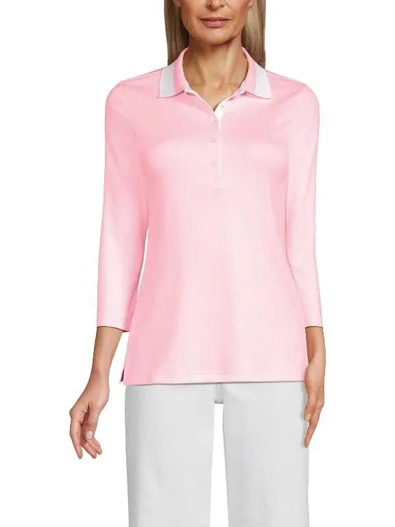 LANDS' END 3/4 Sleeve Supima Cotton Polo Shirt - Pink/raspberry Wildflowers