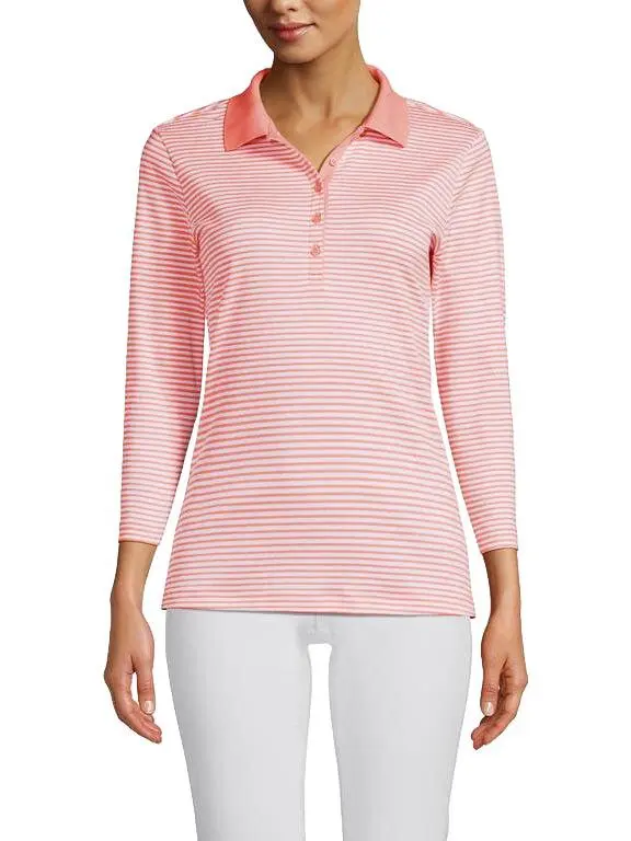LANDS' END 3/4 Sleeve Supima Cotton Polo Shirt - Pink/raspberry Wildflowers