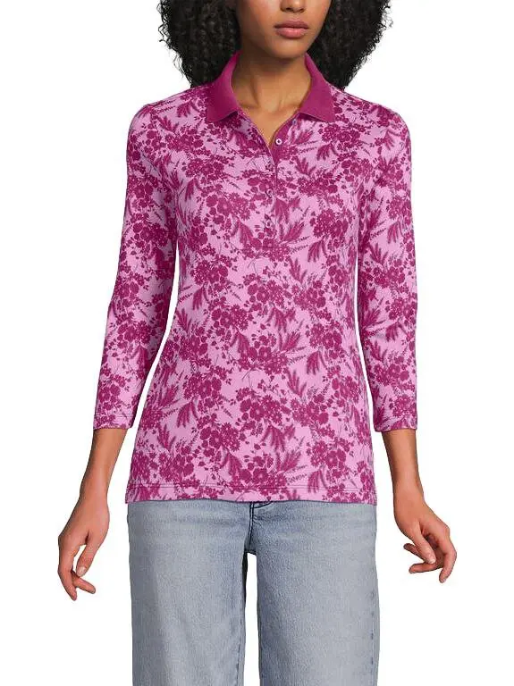 LANDS' END 3/4 Sleeve Supima Cotton Polo Shirt - Pink/raspberry Wildflowers