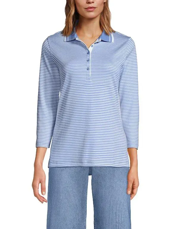 LANDS' END 3/4 Sleeve Supima Cotton Polo Shirt - Sapphire Gem Stripe/tipped