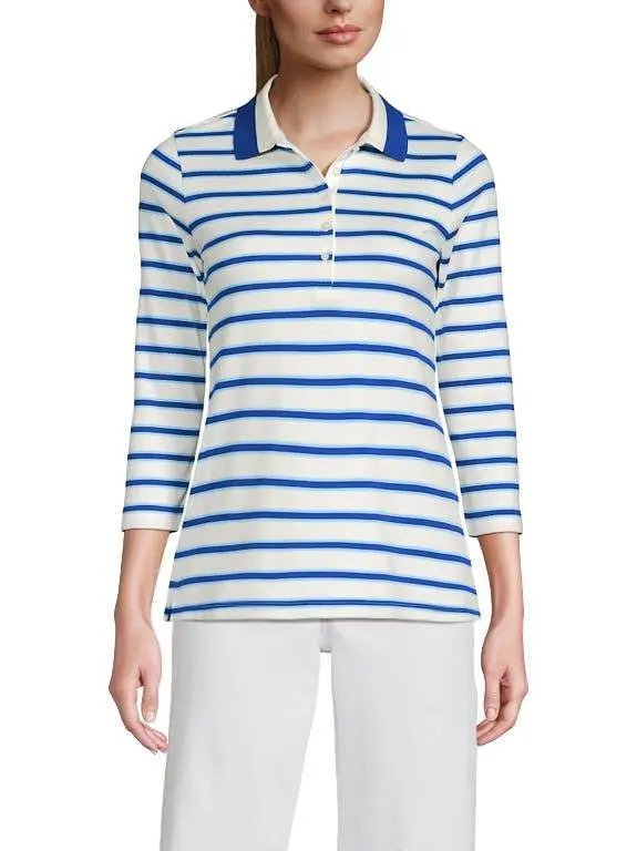 LANDS' END 3/4 Sleeve Supima Cotton Polo Shirt - Sapphire Gem Stripe/tipped
