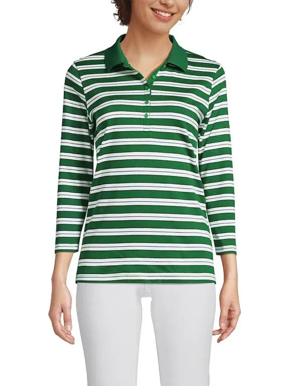 LANDS' END 3/4 Sleeve Supima Cotton Polo Shirt - Vibrant Clover Multi Stripe