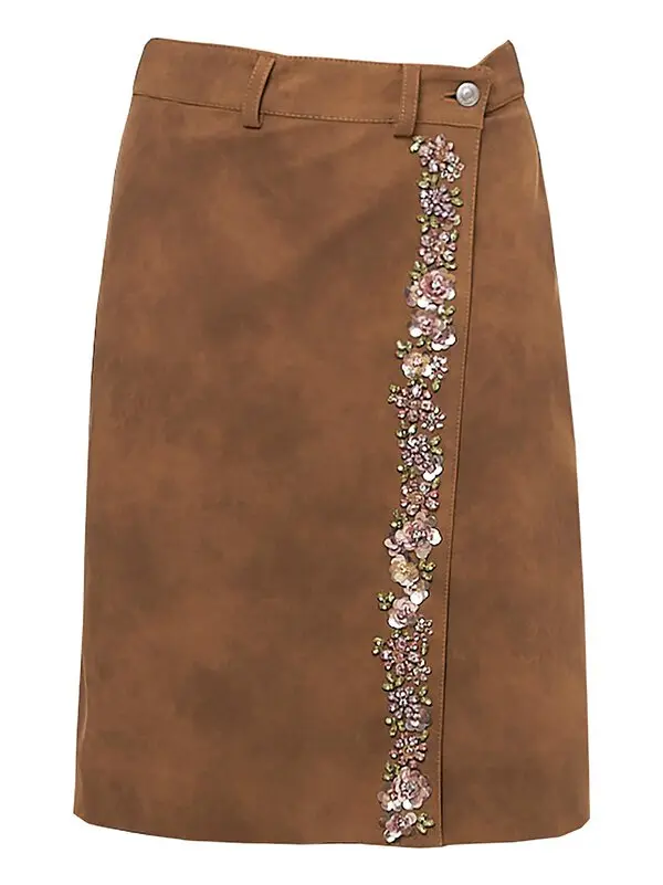 DES_PHEMMES Embroidered Faux Suede Wrap Skirt - Tan