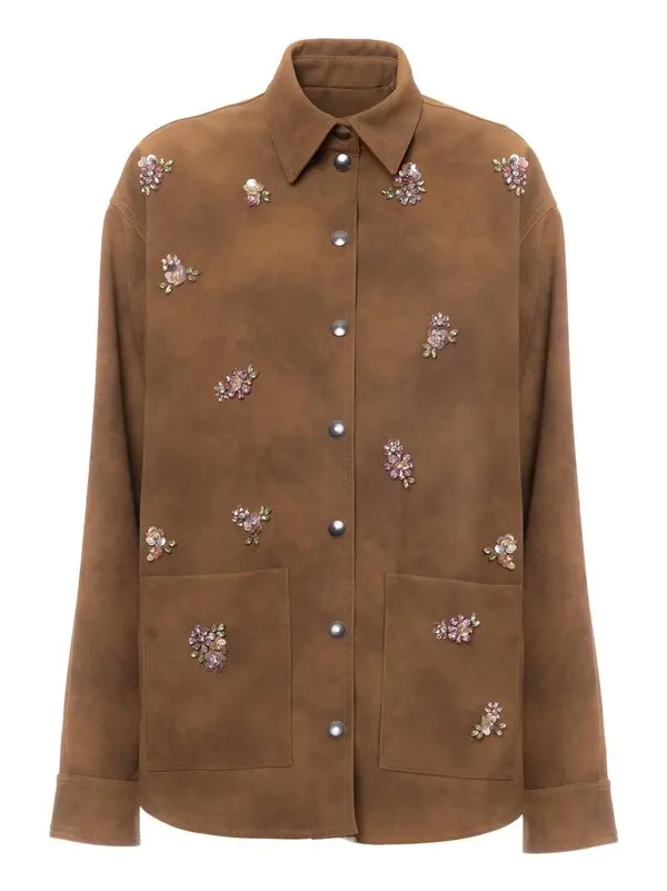 DES_PHEMMES Floral Embroidered Faux Suede Shirt Jacket - Tan