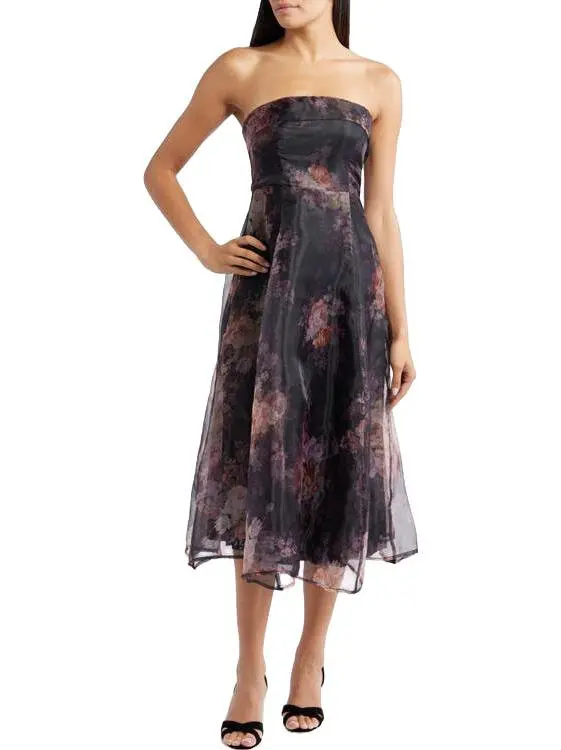 Lulus Elena Strapless Organza Midi Dress - Black Floral