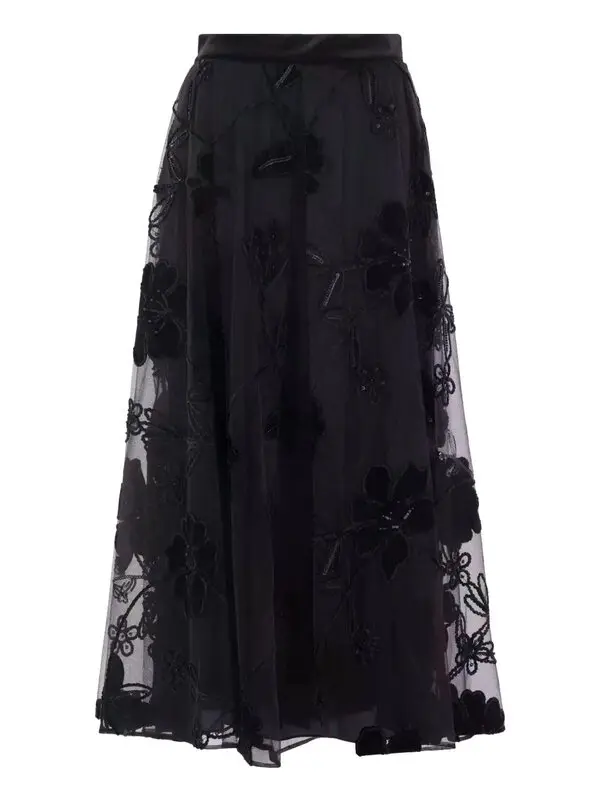 Elie Saab Floral-embroidered Textured Midi Skirt - Black