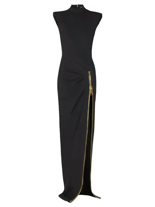 Balmain Maxi Dress With Gold Zip Detail - Black