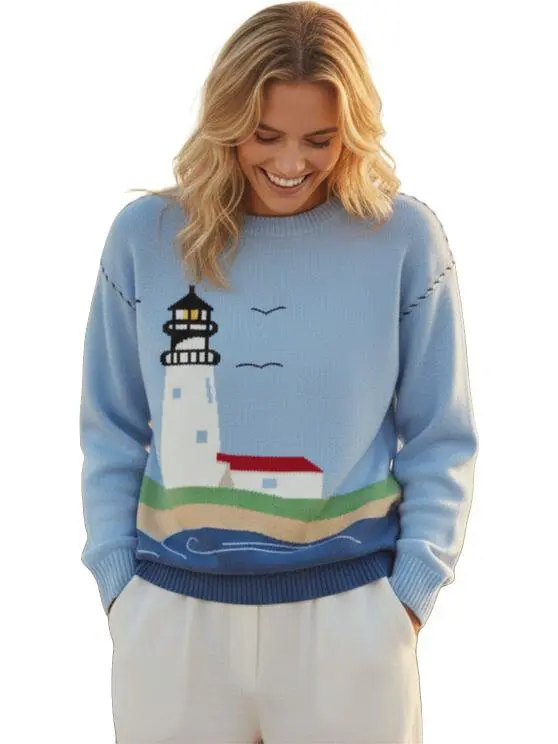 ELLSWORTH + IVEY Riley Ack Lighthouse Scenery Sweater - Blue