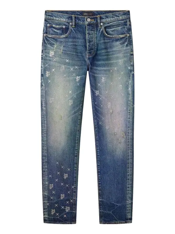 PURPLE BRAND P005 Monogram Bling Embroidered Distressed Jeans - Blue
