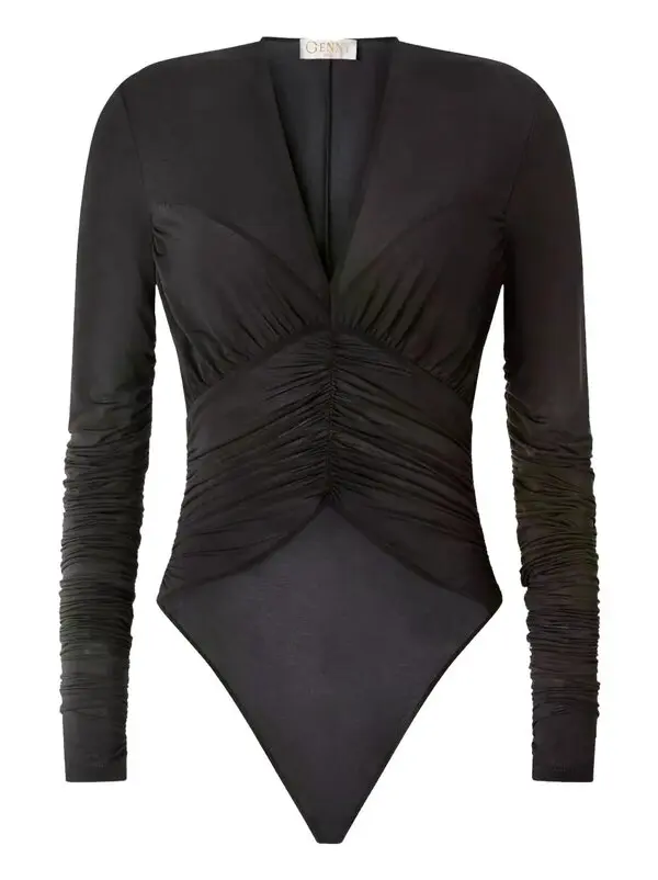 GENNY V-neck Ruched Bodysuit - Black