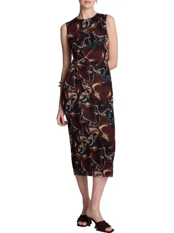 KENNETH COLE Abstract Print Side Ruched Midi Dress - Black Multi