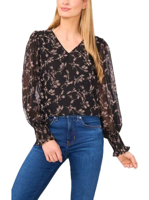 CECE DUPRAZ Floral Clip Dot Smocked Cuff V-neck Top - Rich Black
