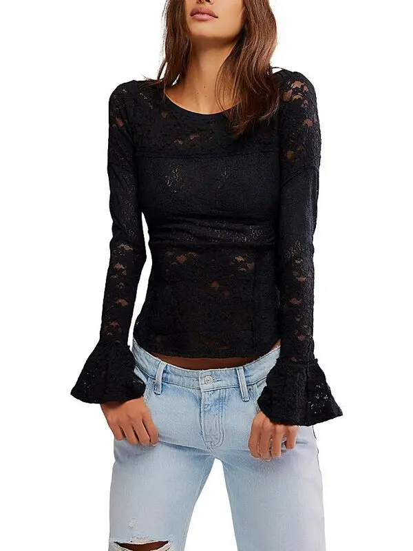 Free People Lace Layering Long Sleeve Top - Black