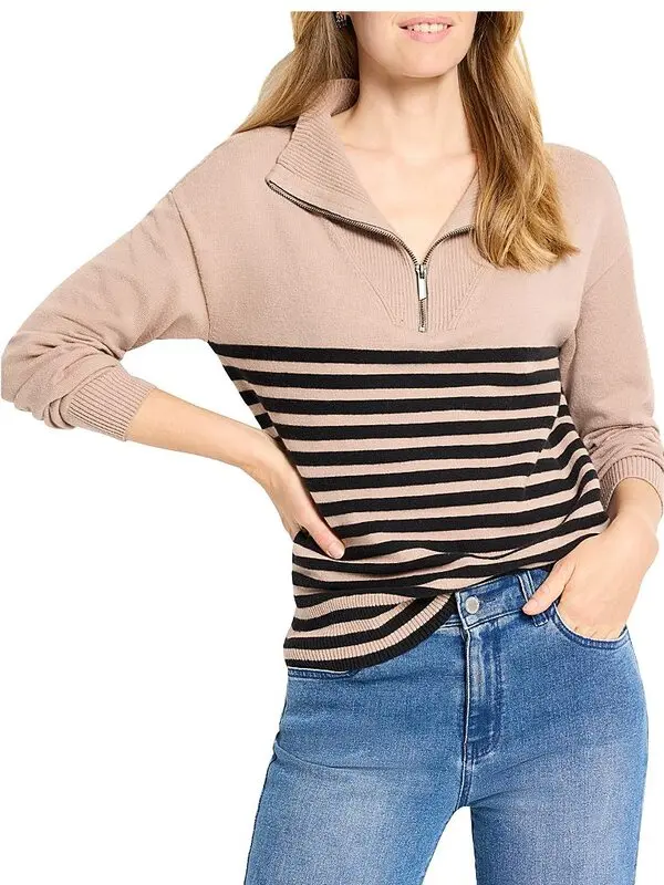 NIC+ZOE Zip Neck Striped Saddle Sweater - Neutral Multi