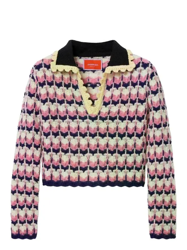 La DoubleJ Crochet-trimmed Geometric-pattern Sweater - Pink