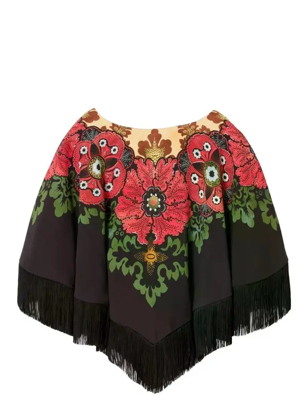 La DoubleJ Floral-print Fringed Poncho - Brown