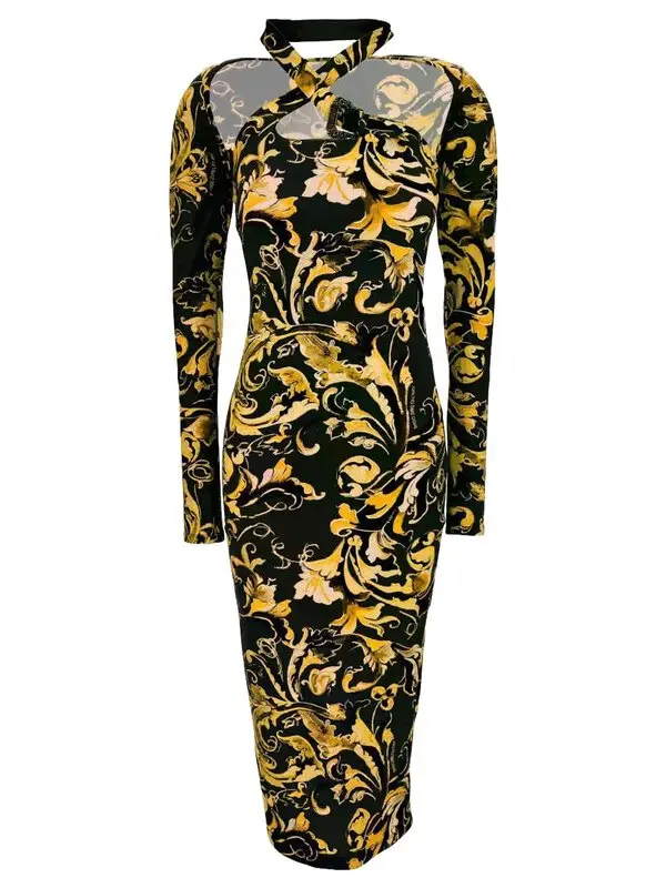 Versace Barocco-print Long-sleeve Midi Dress - Black