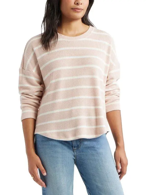 Caslon Long Sleeve Waffle Knit T-shirt - Pink Smoke- Ivory Stacy Stripe