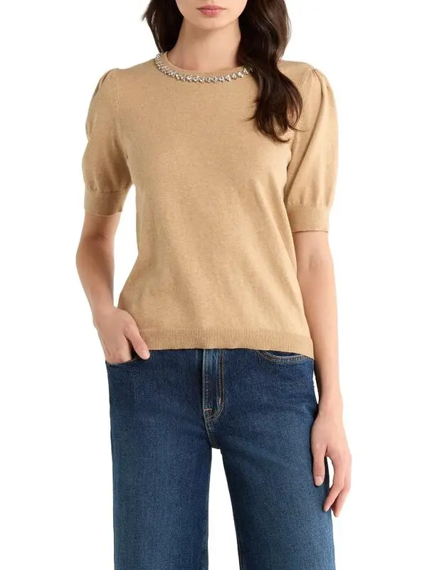 CECE DUPRAZ Embellished Collar Short Sleeve Sweater - Latte Heather