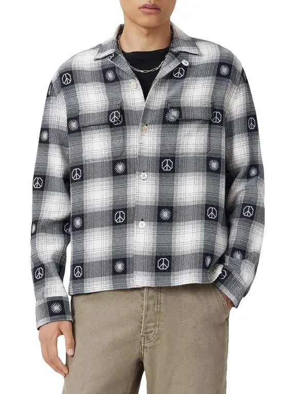 ALLSAINTS Castor Embroidered Plaid Long Sleeve Camp Shirt - Peacoat Blue