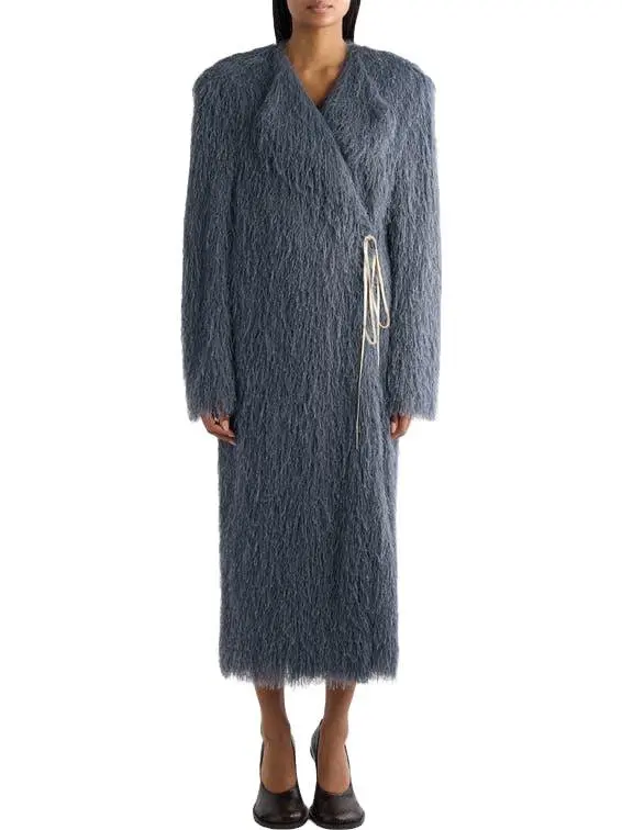 Dries Van Noten Rivla Eyelash Fringe Wrap Coat - Dark Grey