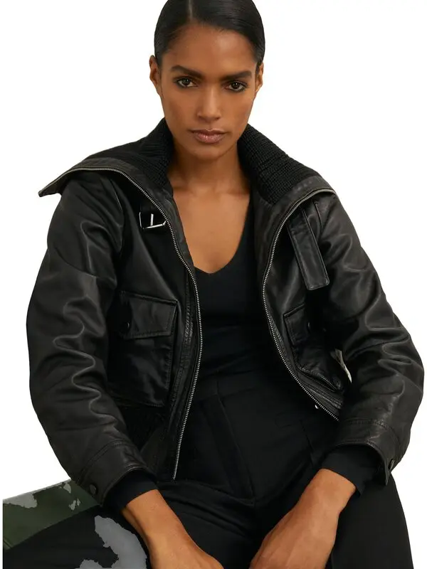REISS Leather Rib-trim Jacket - Black