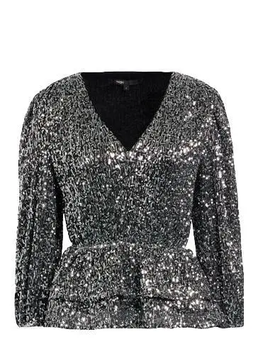 Maje Peplum Top With Sequins - Silver