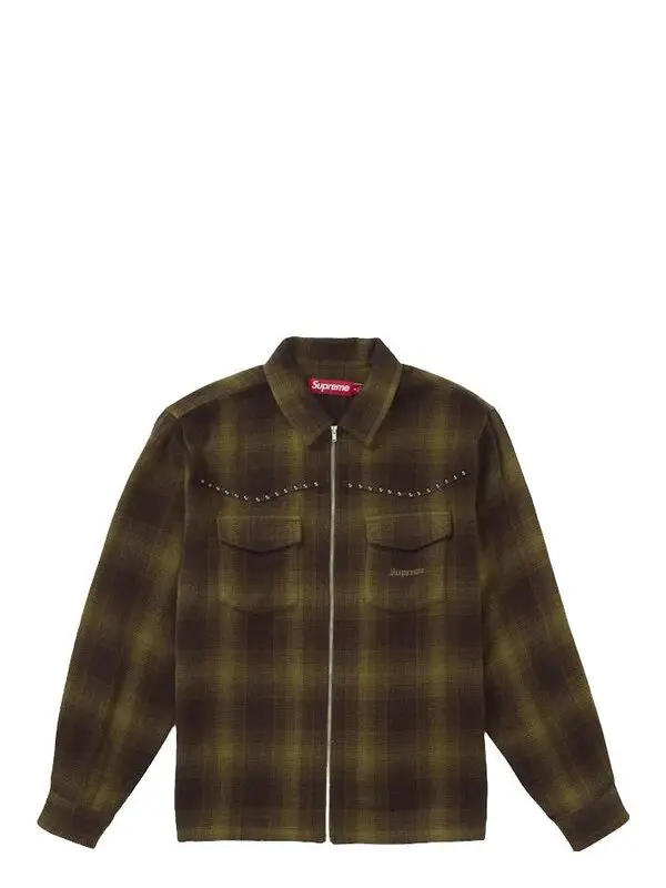 Supreme Studded Shadow Plaid Zip Up Shirt - Green