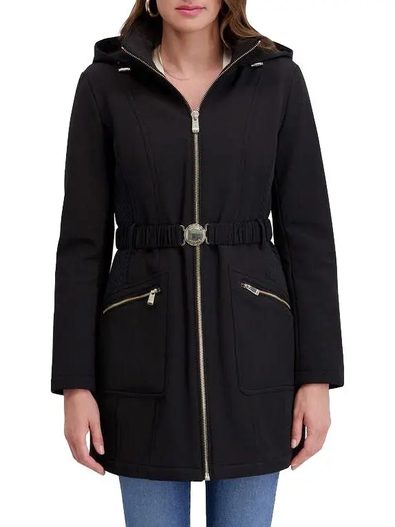 Kensie Soft Shell Hooded Belted Zip-up Coat - Black