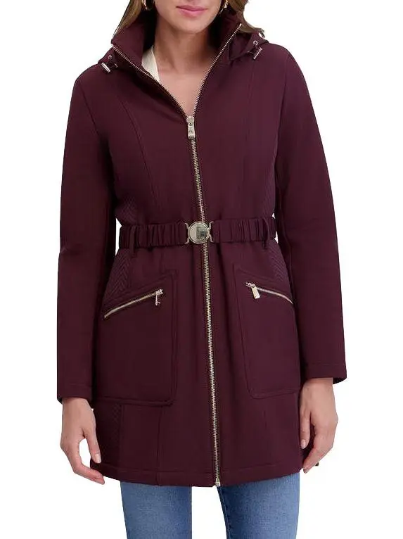 Kensie Soft Shell Hooded Belted Zip-up Coat - Burgundy