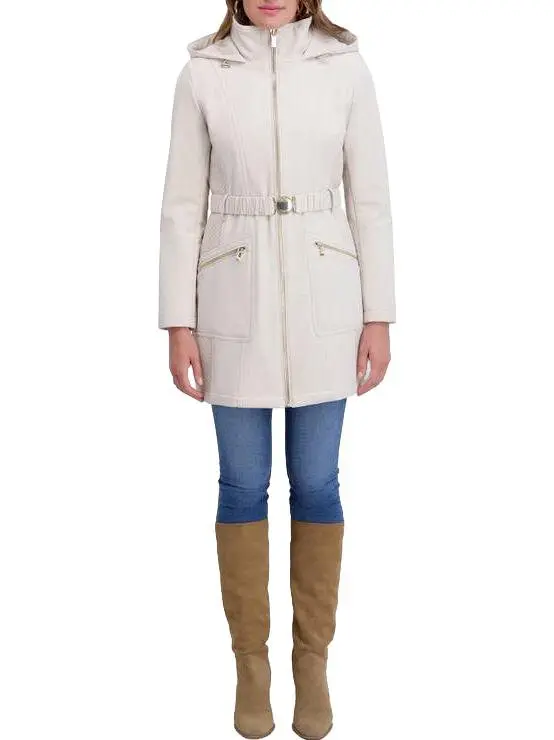 Kensie Soft Shell Hooded Belted Zip-up Coat - Ivory