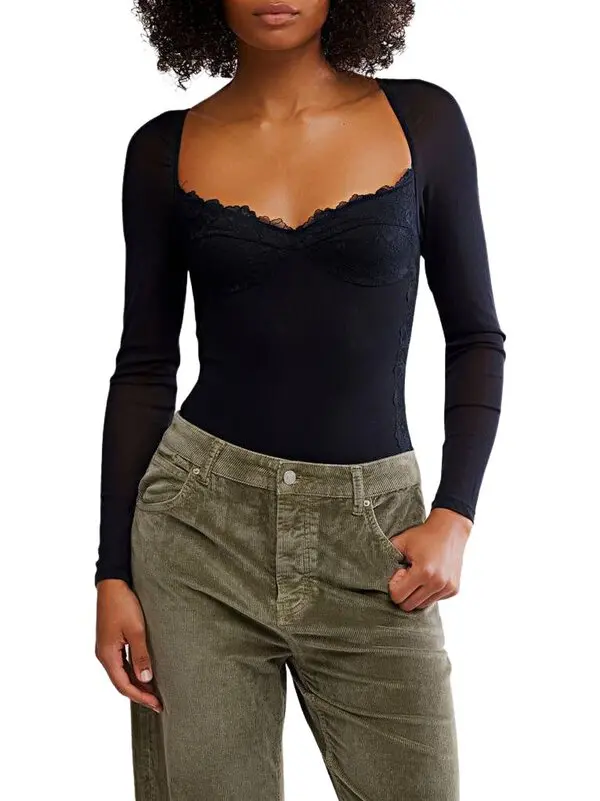 Free People Fine Lace Bodysuit - Black