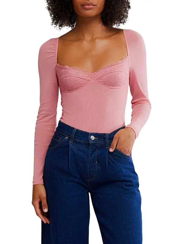 Free People Fine Lace Bodysuit - Glowing Mauve