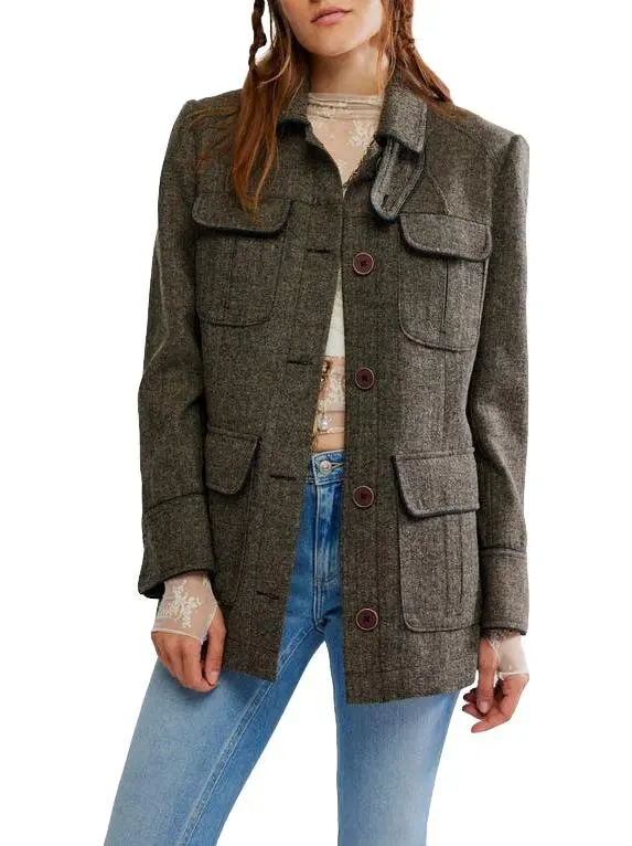 Free People Renaux Herringbone Officer Jacket - Espresso