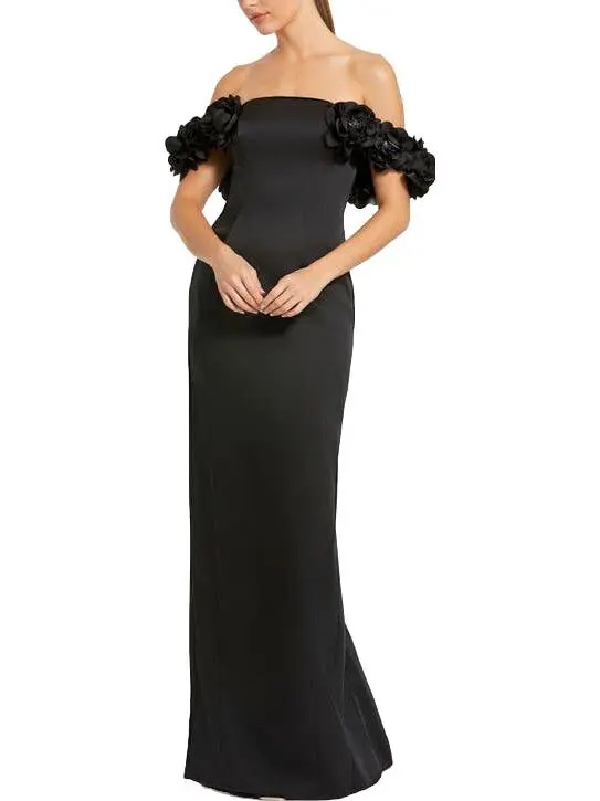 Mac Duggal Satin 3d Flower Off-the-shoulder Gown - Black