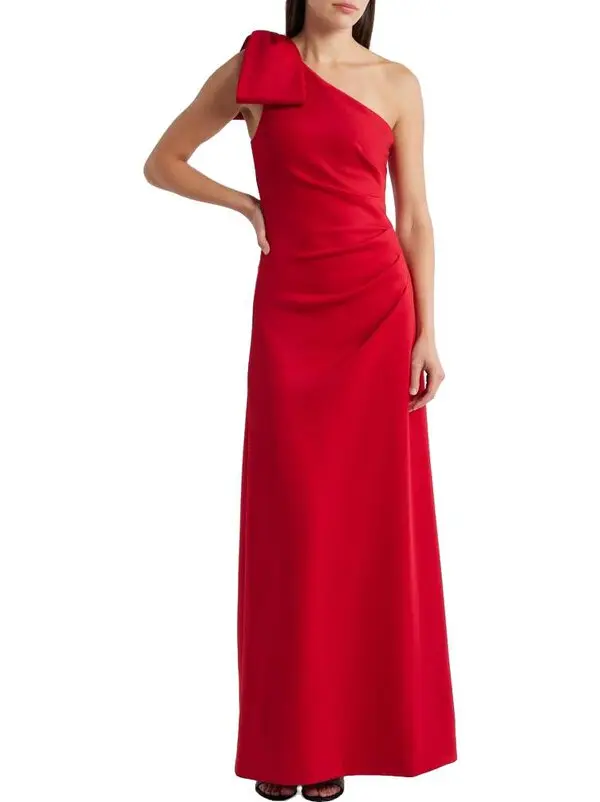 Black Halo Zyra Bow Shoulder Ruched Gown - Crimson