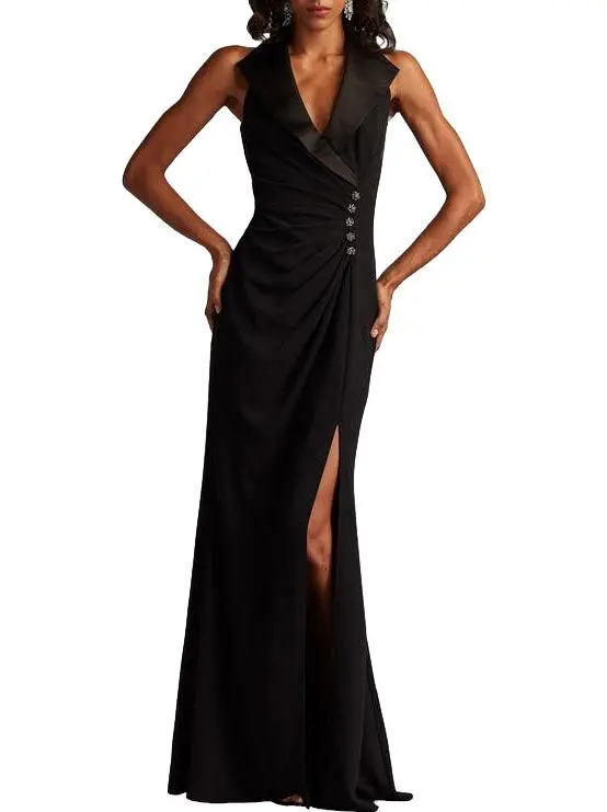 Tadashi Shoji Sleeveless Crepe Tuxedo Gown - Black