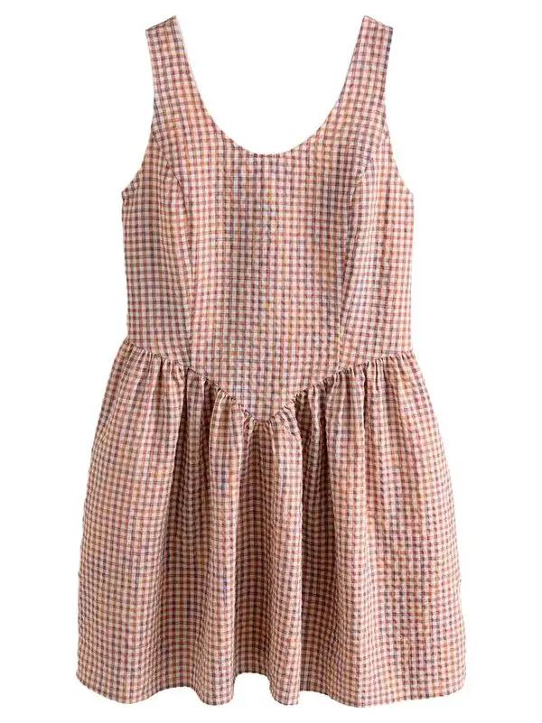 NEXT Sleeveless Gingham Cotton-blend Mini Dress - Brown