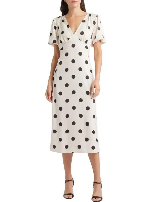 FRIENDS LIKE THESE Polka Dot Puff Sleeve Stretch Satin Midi Dress - Ivory/black
