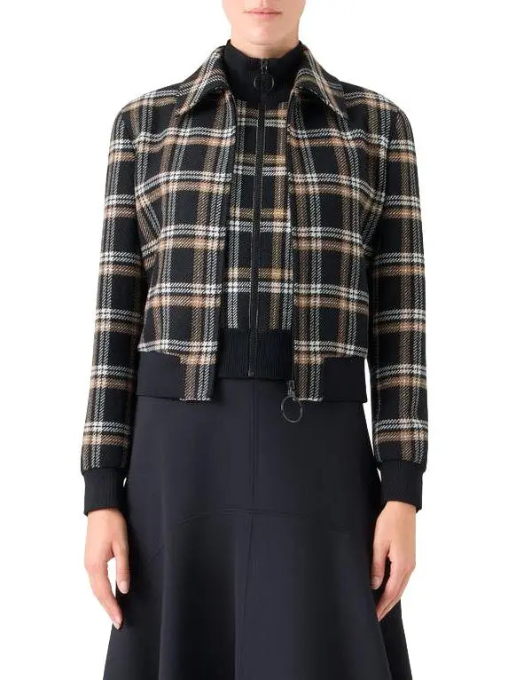 Akris Plaid Tricotine Tweed Bomber Jacket - Black-camel-cream