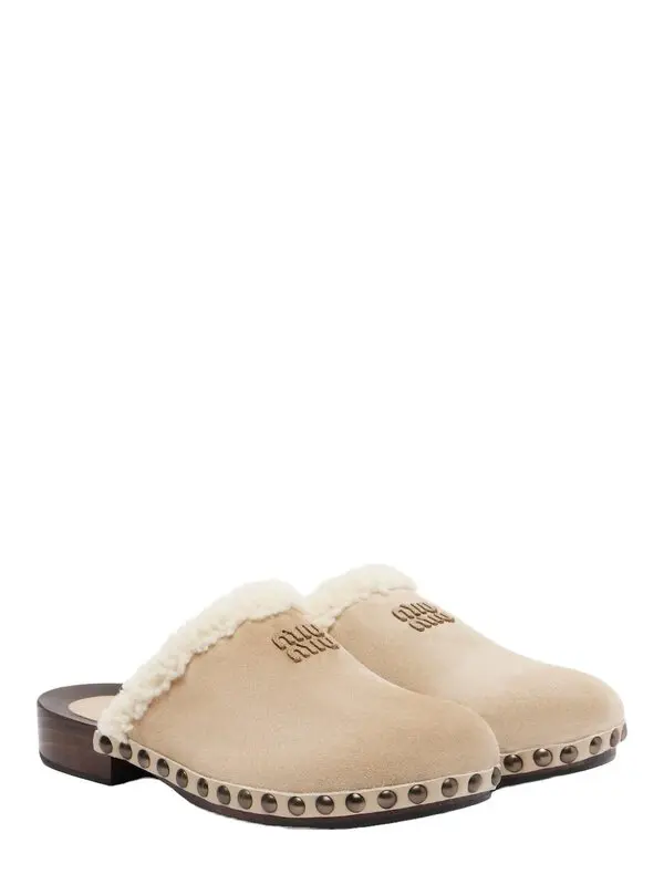Miu Miu Shearling-lined Suede Clogs - Beige